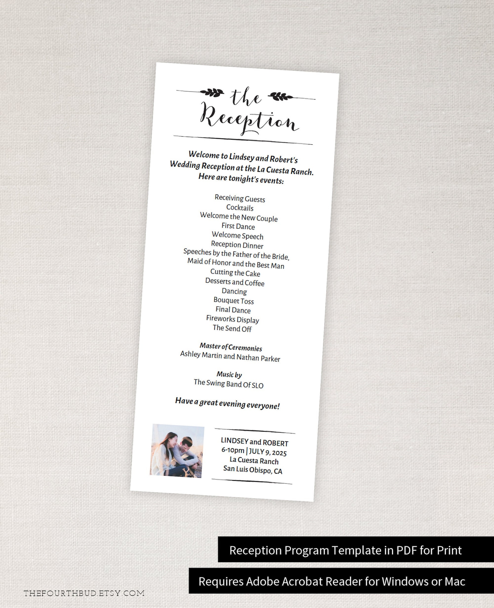 Wedding Reception Program Template in PDF / With 1 Photo / | Etsy