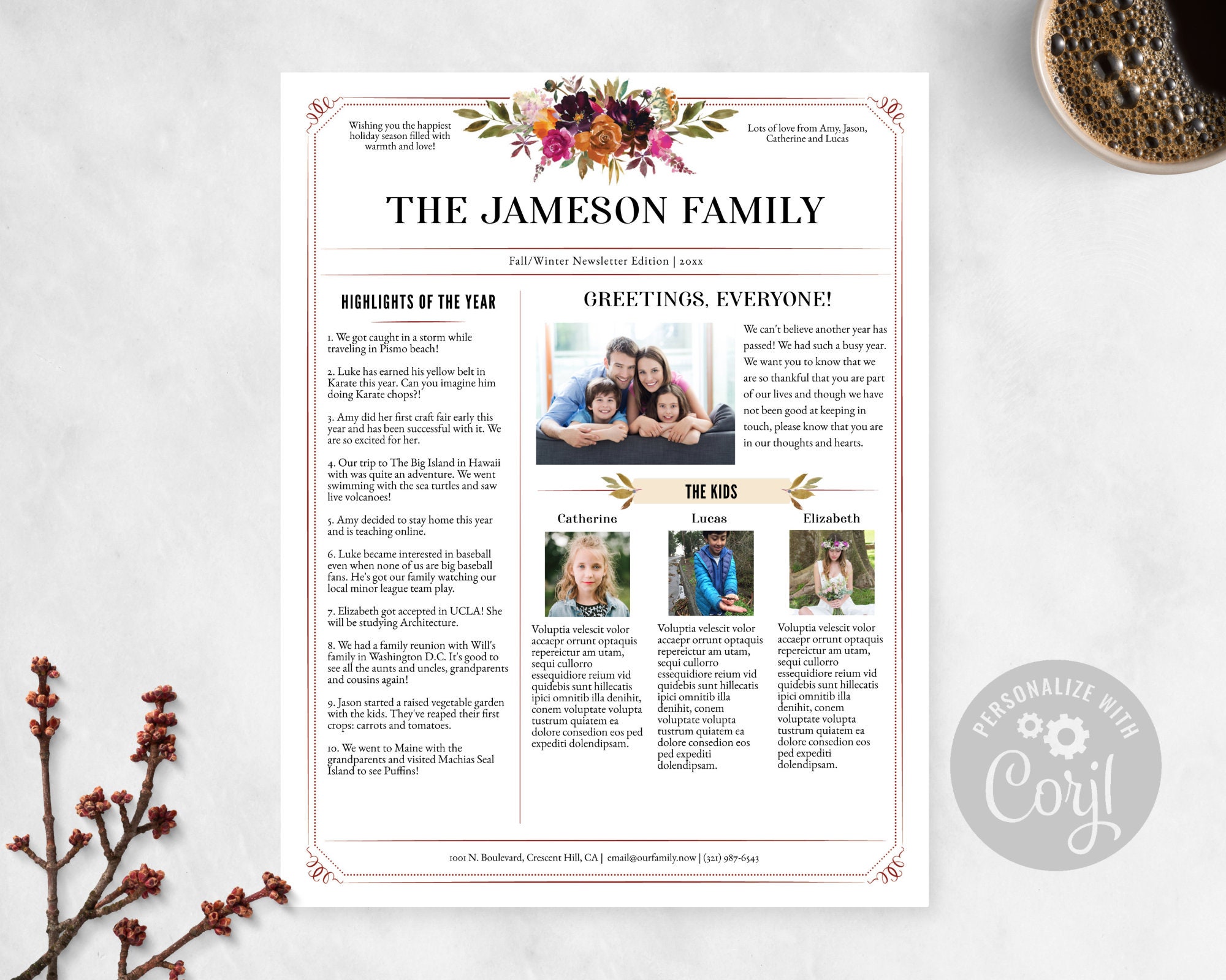 Fall Winter Newsletter Template One Page With Photos / Editable Office ...