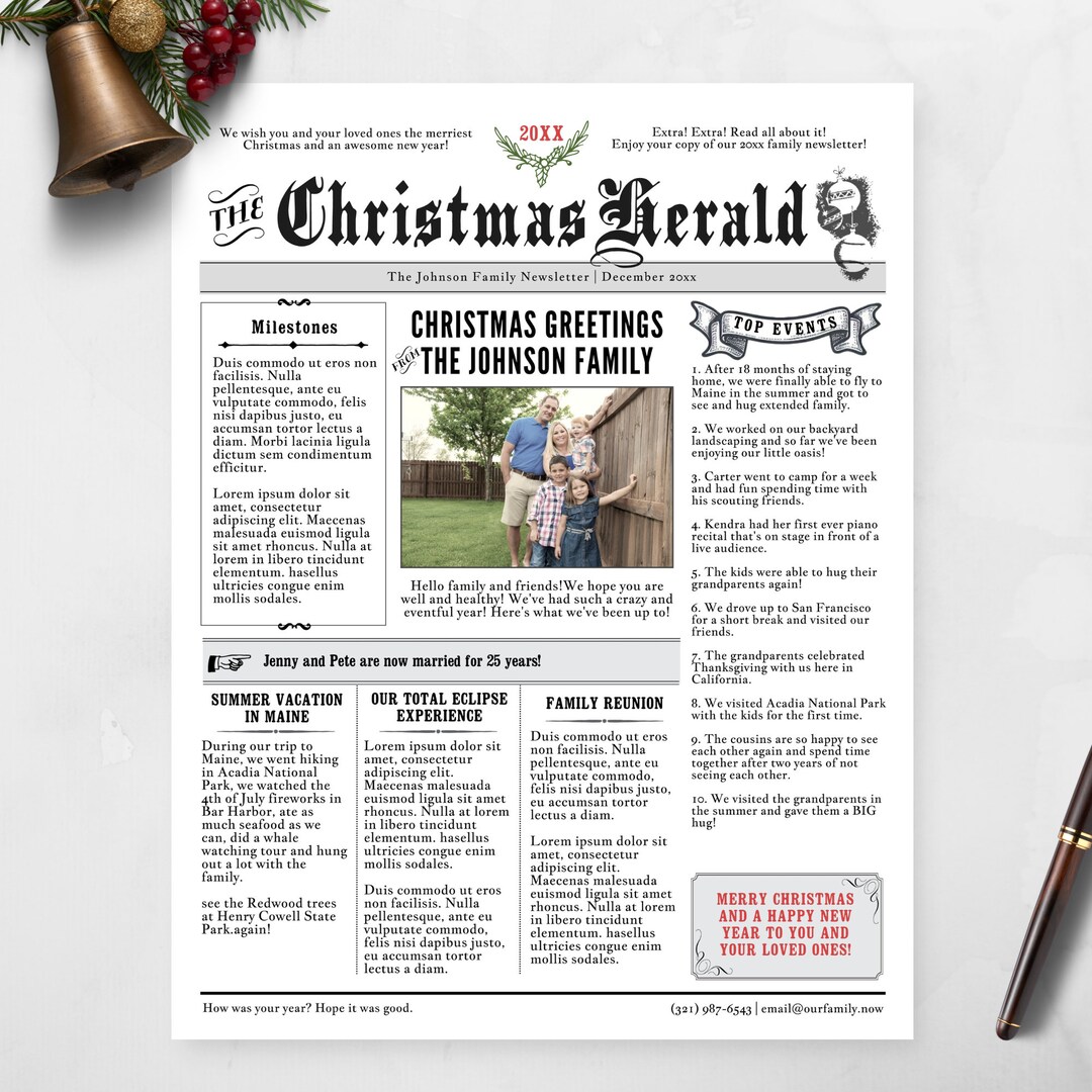 Family Christmas Newsletter Template, Old Newspaper Style, One Page US ...