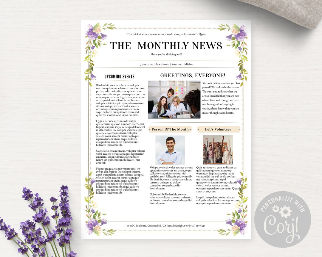Floral Newsletter Template for Office, Shop, Wedding Times, Family Year ...
