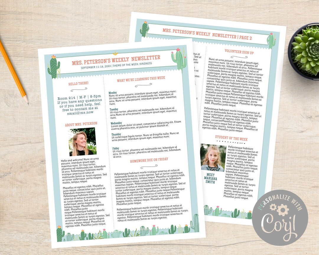 Cheerful Teacher Newsletter Template Two Pages / Editable Class ...