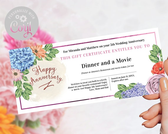Happy Anniversary Gift Certificate Template / Editable Wedding - Etsy
