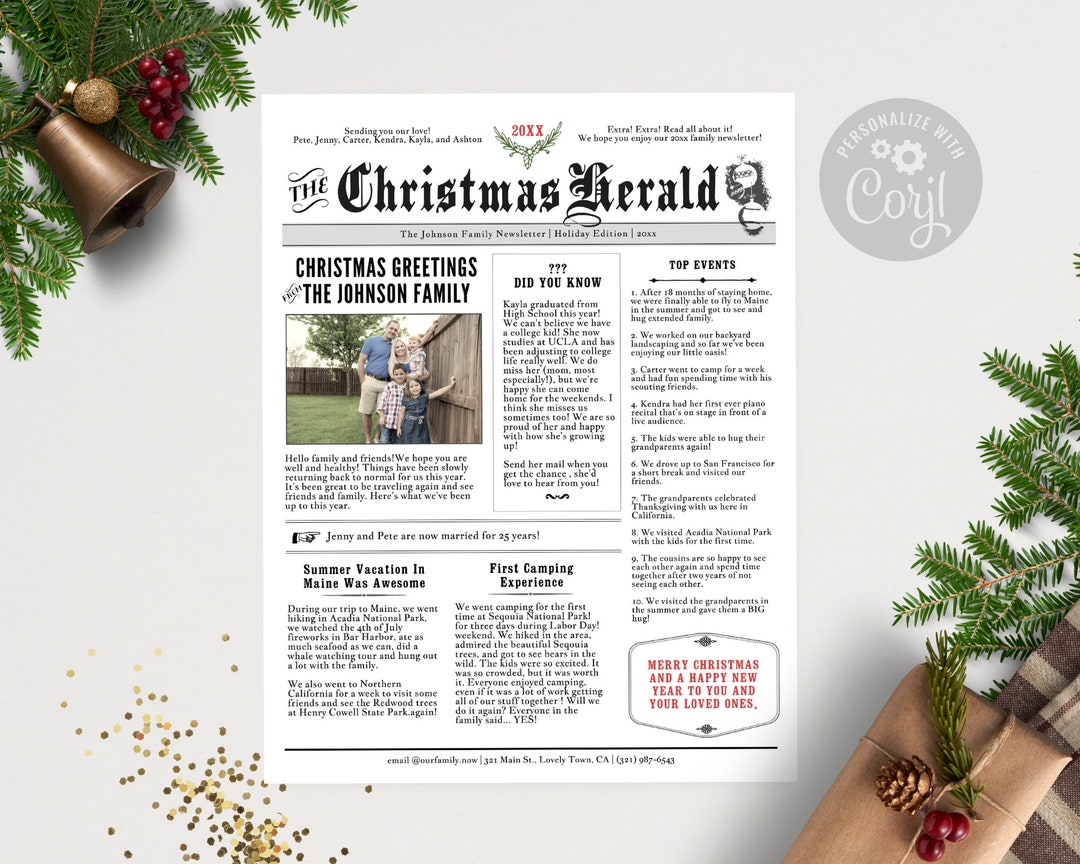 Family Christmas Newsletter Template Old Newspaper Style / One Page ...