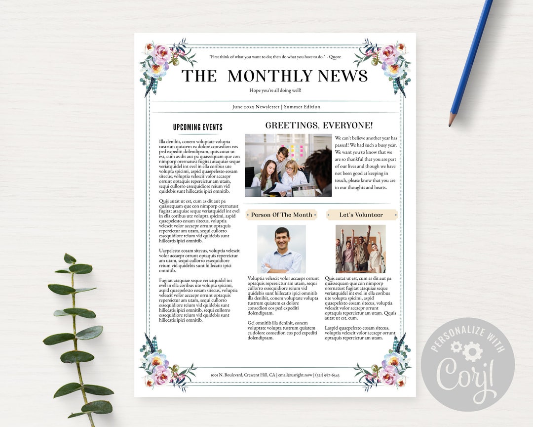 Floral Newsletter Template With Photos One Page /office, Shop, Wedding ...