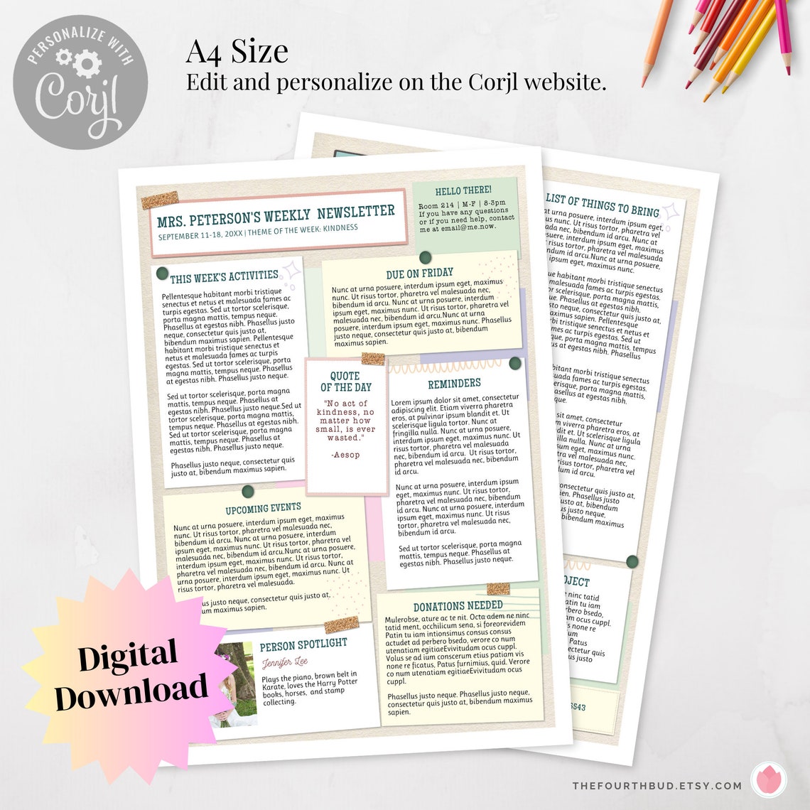 A4 Editable Teacher Newsletter Template Two Pages - Weekly Newsletter ...