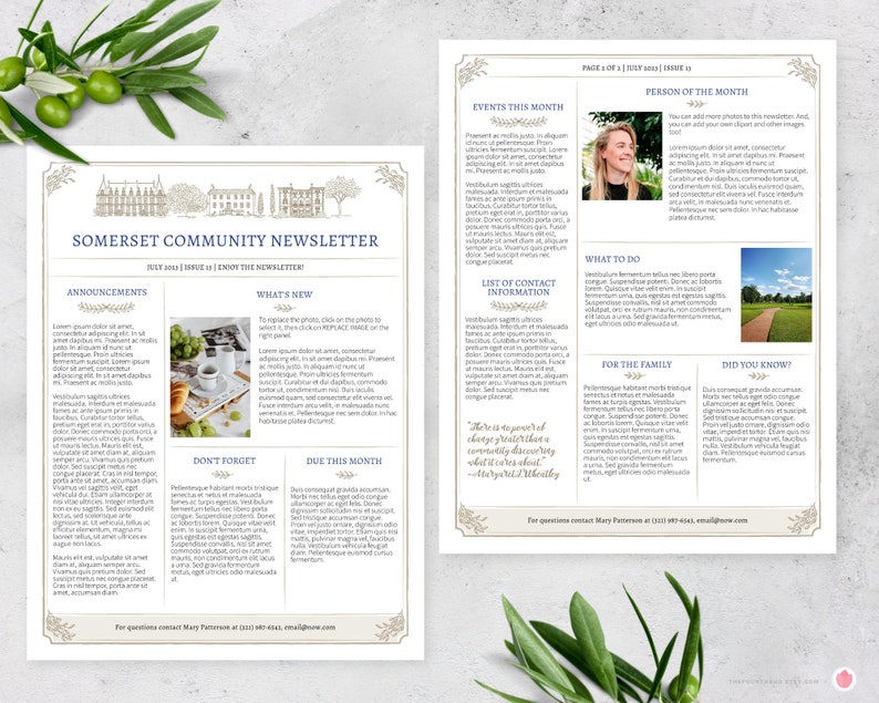 Elegant Newsletter Template Two Pages / Editable Community, Home ...