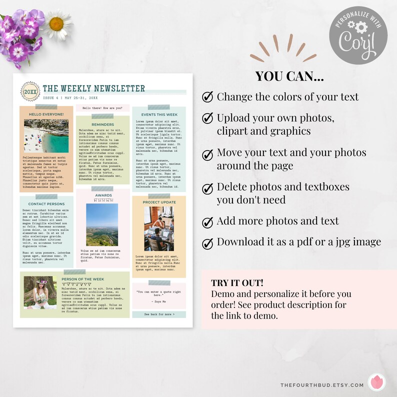 A4 Fun and Bright Newsletter Template (CORJL) - Etsy
