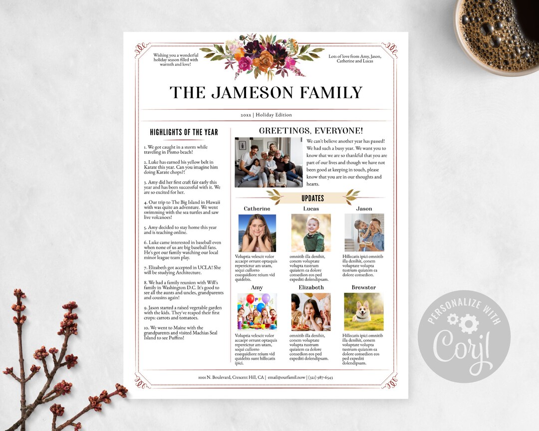 Fall Winter Family Newsletter Template One Page With Photos / Editable ...