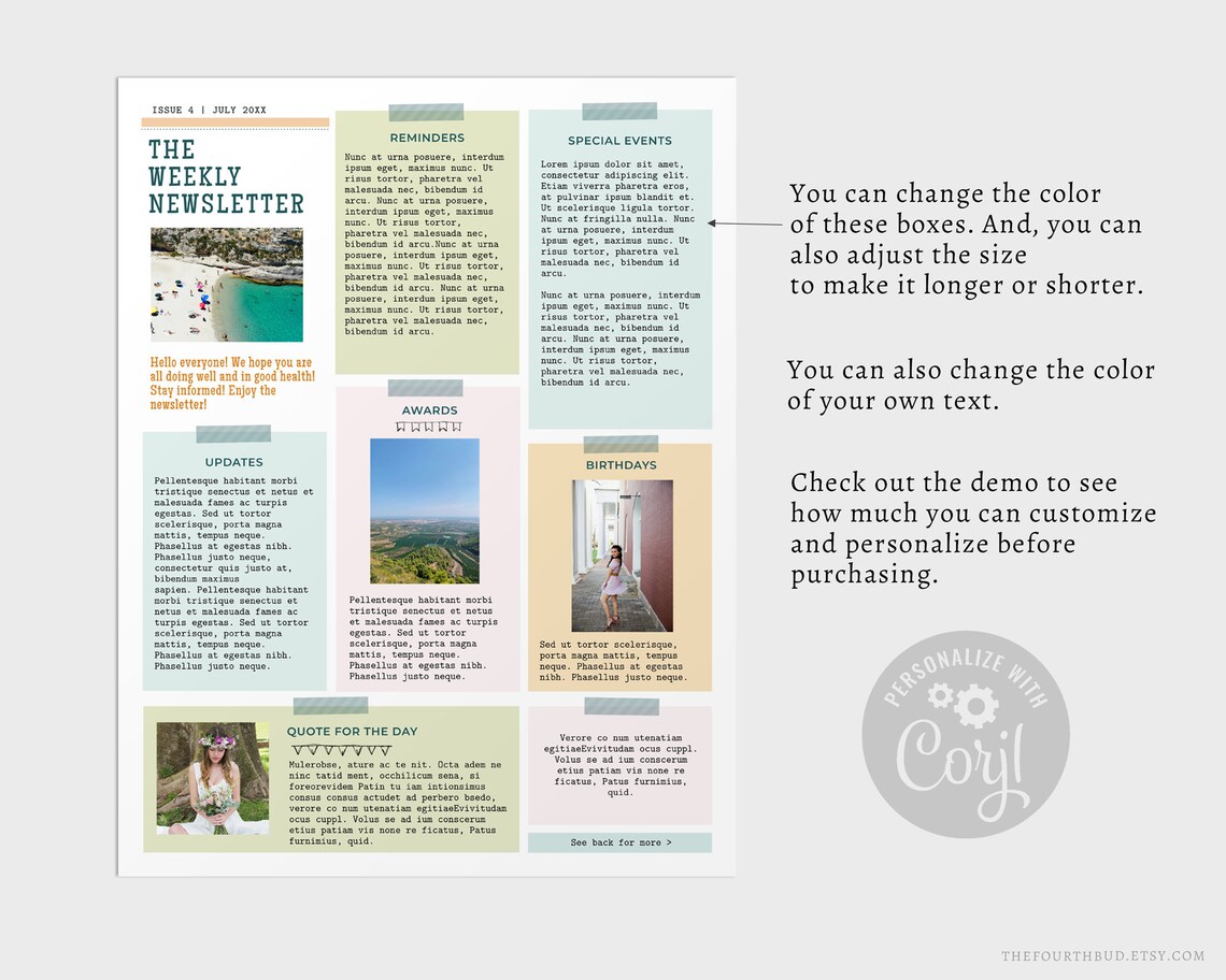 Fun and Bright Newsletter Template Two Pages / Editable / | Etsy