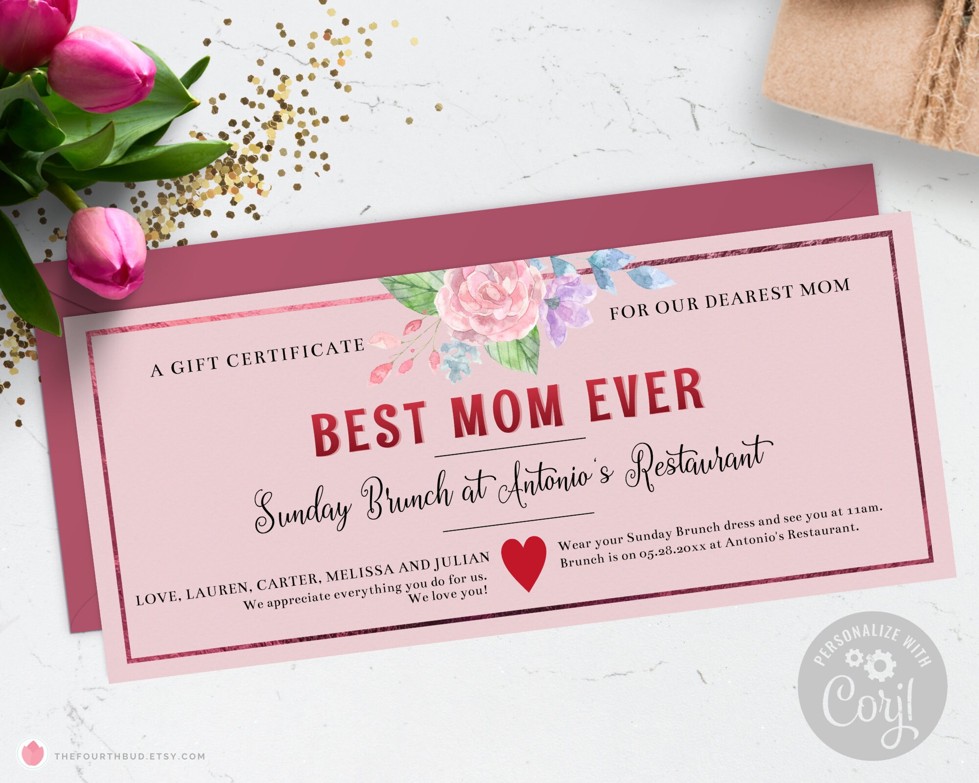 Lovely Mother's Day Gift Certificate Template / Editable Best Mom Ever ...