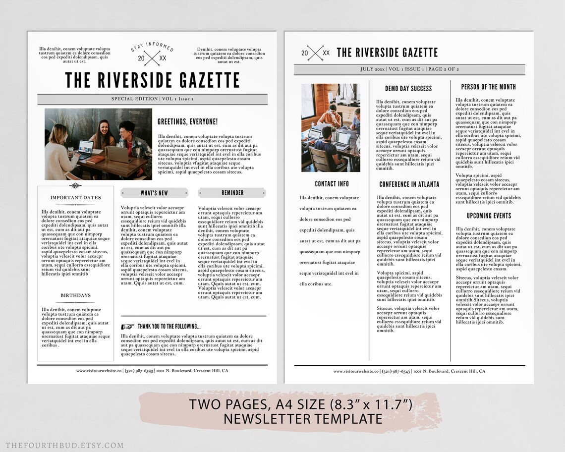 Minimalist Newsletter Template for an Organization, Two-page Newspaper ...