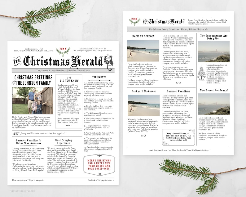 Family Christmas Newsletter Template Two Pages Old Newspaper Style ...
