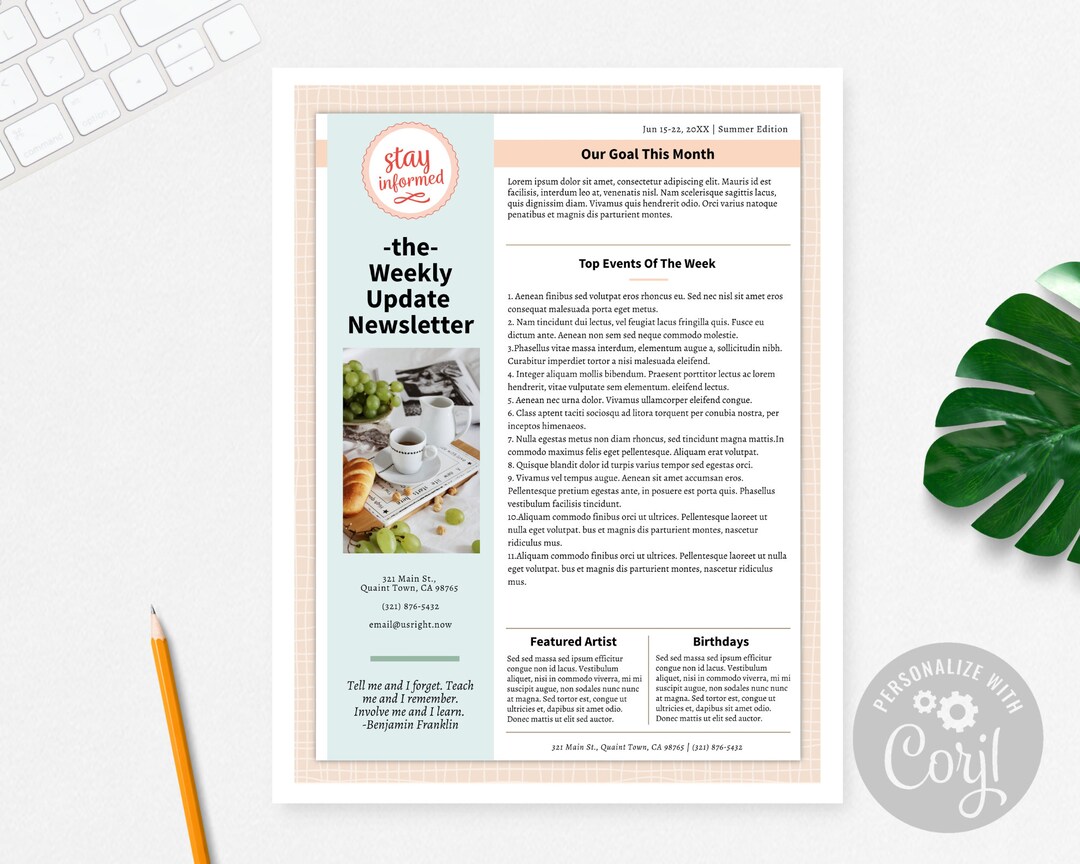 Beautiful, Fun Newsletter Template for Church, Organization, Family or ...