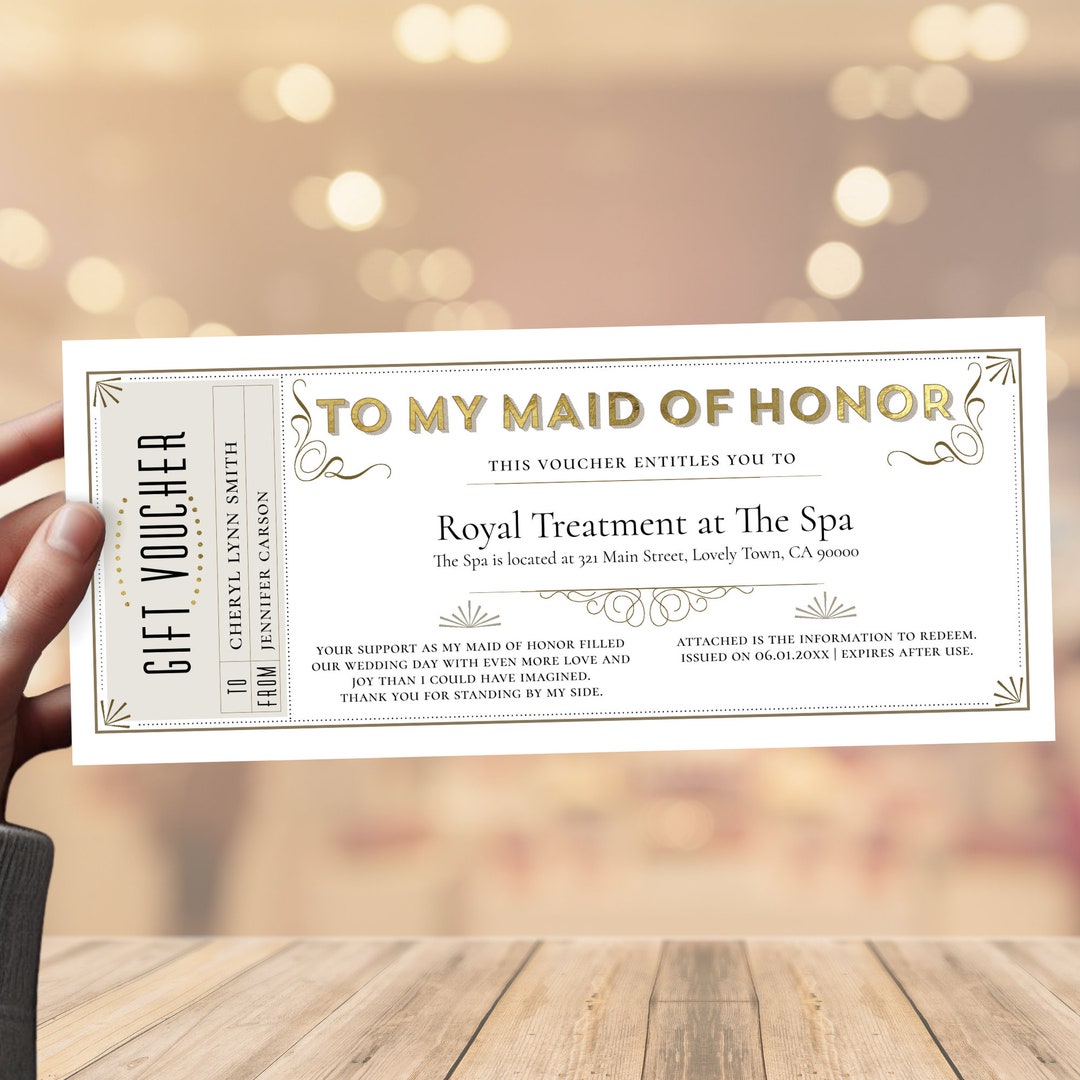 Elegant Maid of Honor Gift Certificate Template, 9.25 X 4 Gift Coupon ...