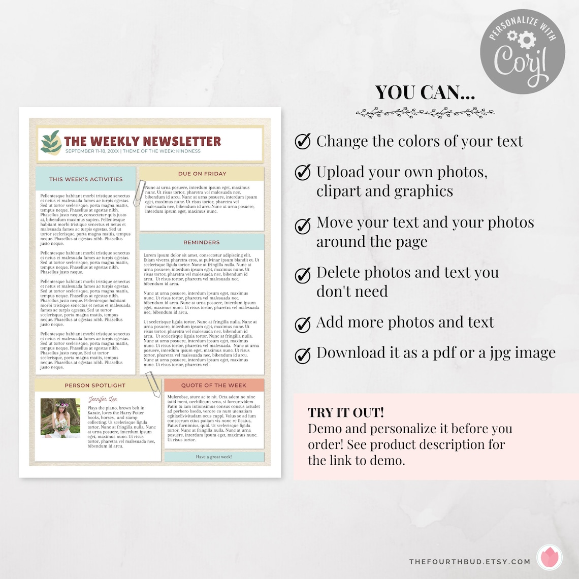 A4 Editable Newsletter Template One Page - Office, Organization, Class ...