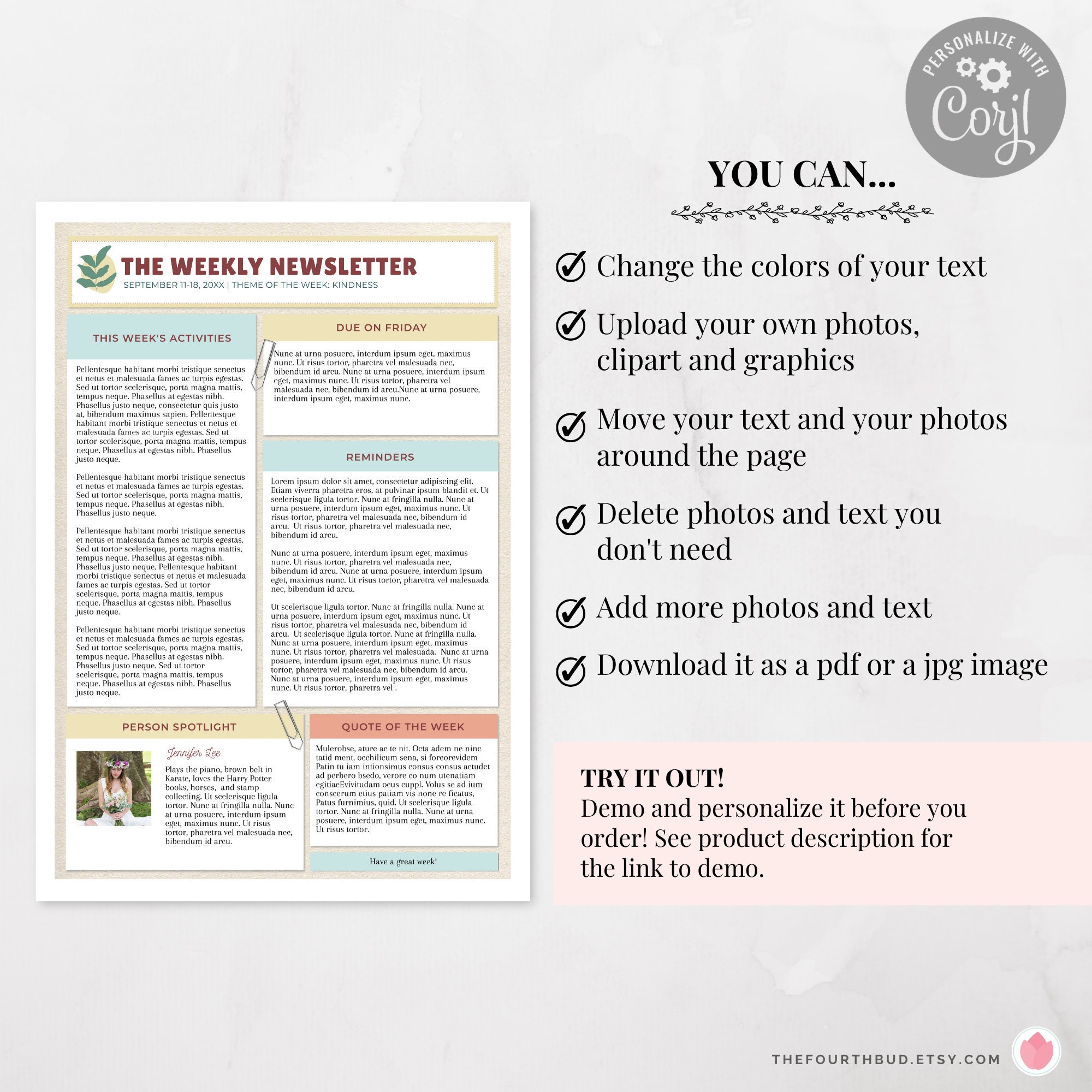 A4 Editable Newsletter Template One Page - Office, Organization, Class ...