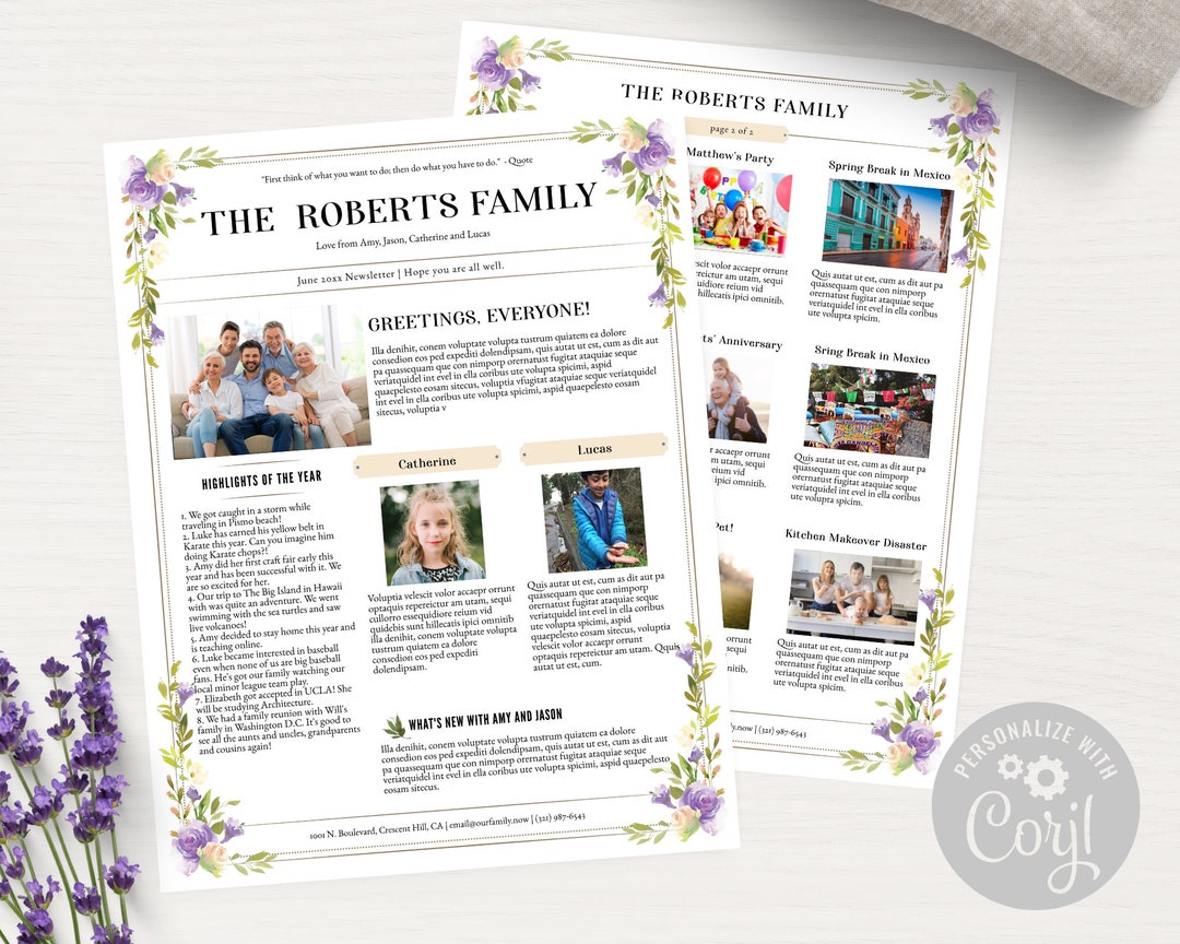 Floral Newsletter Template Two Pages With Photos / Family Year in ...