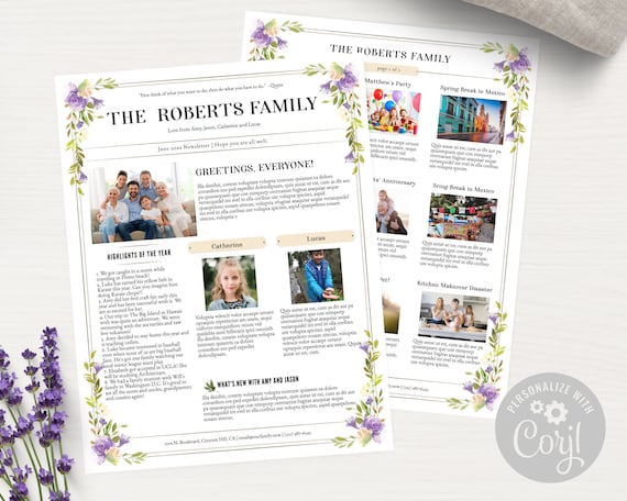 Floral Newsletter Template Two Pages With Photos / Family Year - Etsy