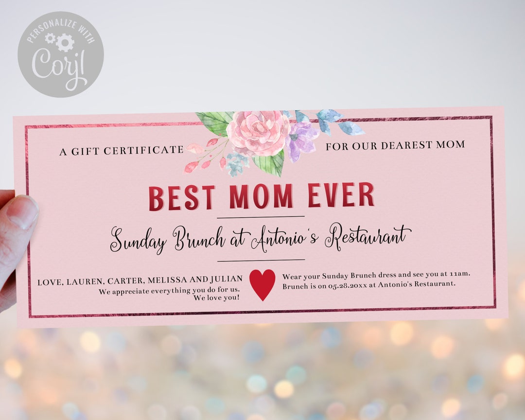 Lovely Mother's Day Gift Certificate Template / Editable Best Mom Ever ...