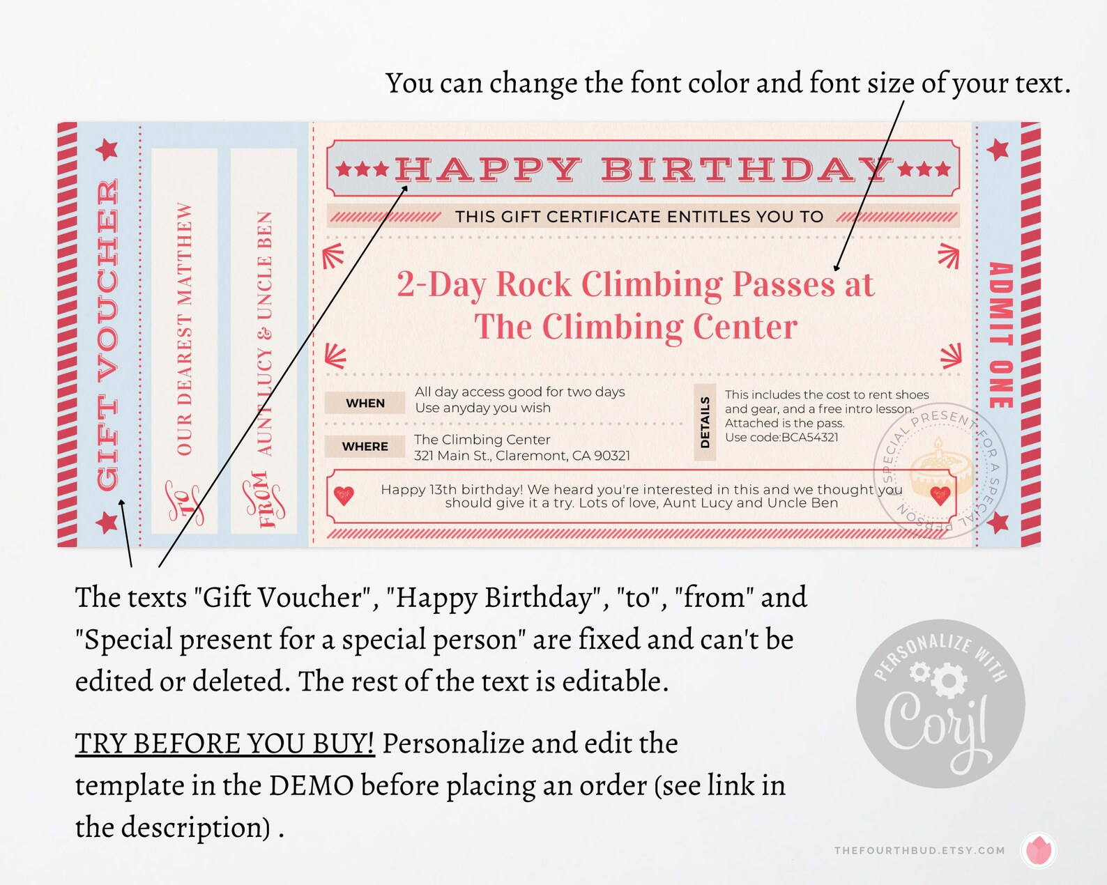 Fun Birthday Gift Voucher Template / Editable Event Ticket Voucher or ...