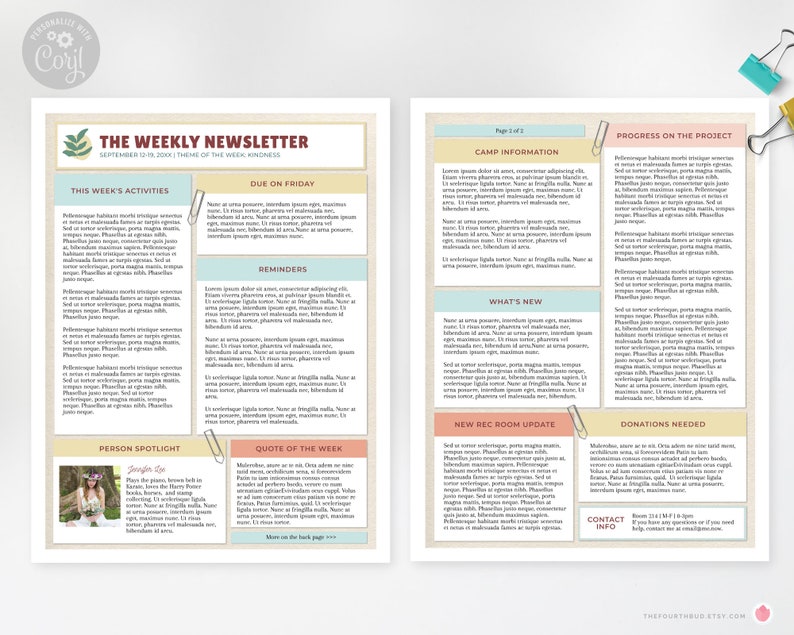 Editable Newsletter Template With Two Pages: Class, Organization ...