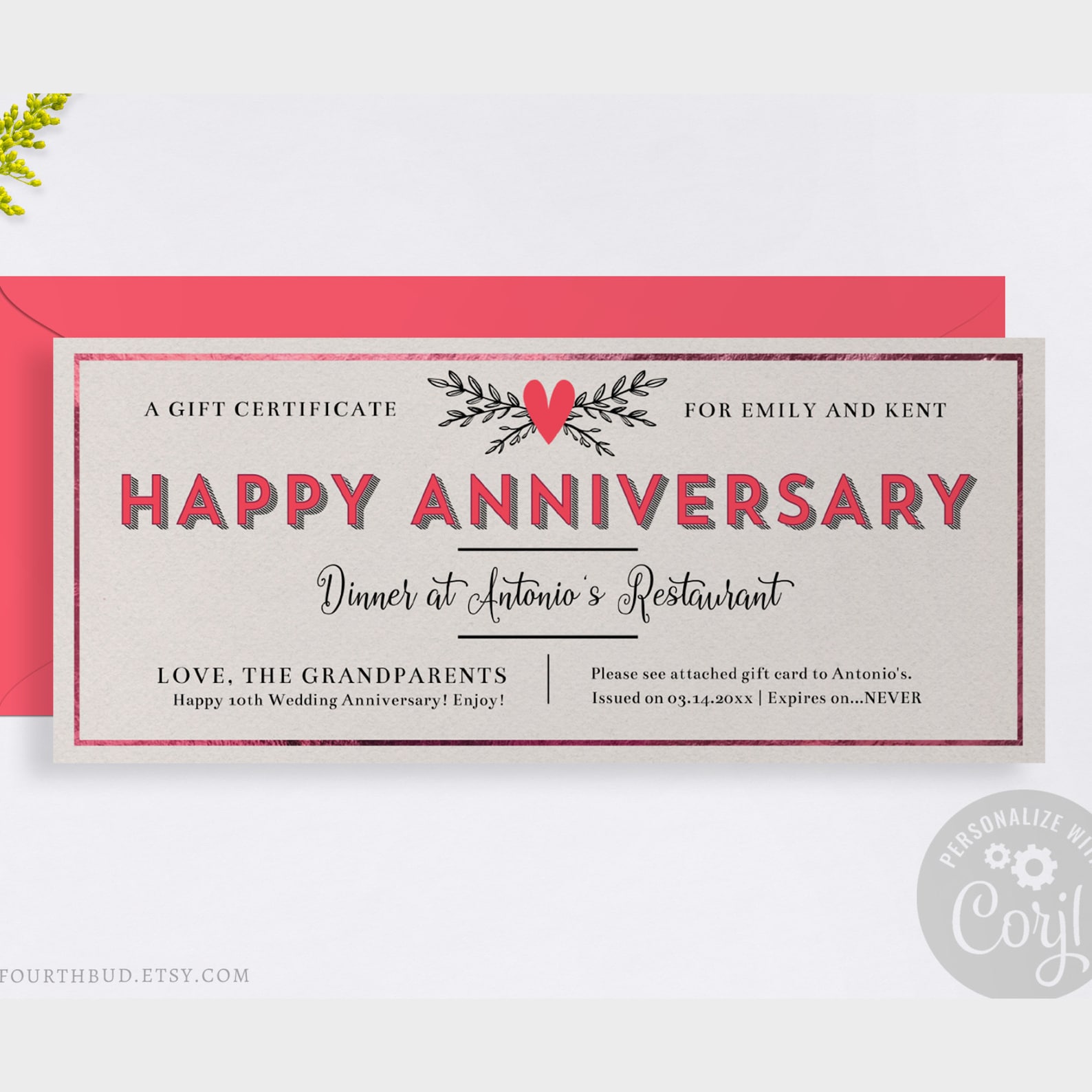 Happy Anniversary Gift Certificate Template: Coupon Voucher With a Red ...