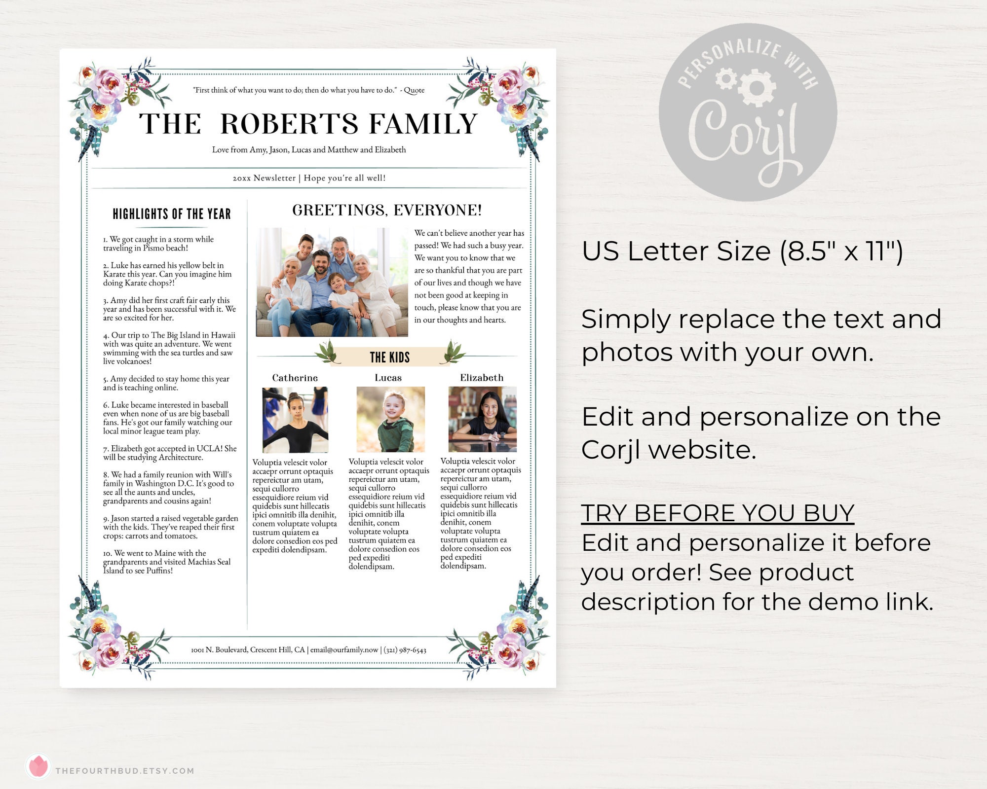 Family Newsletter Template Two Pages With Photos /floral Family Year in ...