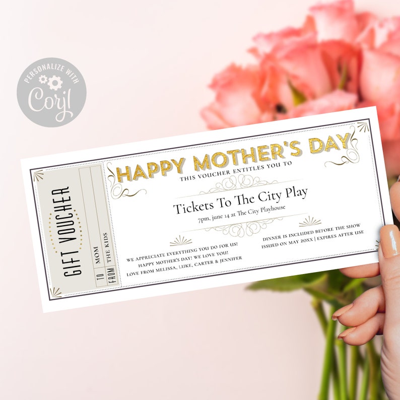 Elegant Mother's Day Gift Certificate Template / Editable Gift Ticket ...