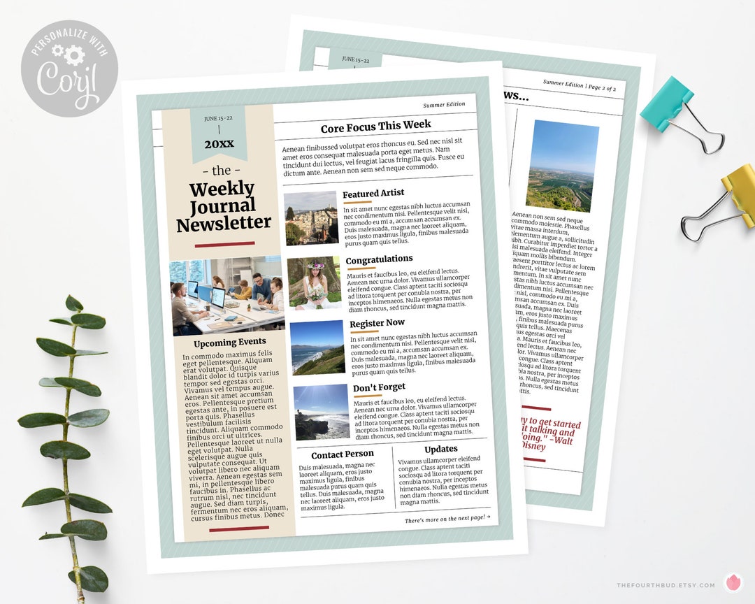 Newsmagazine Newsletter Template Two Pages / Editable Family Reunion ...
