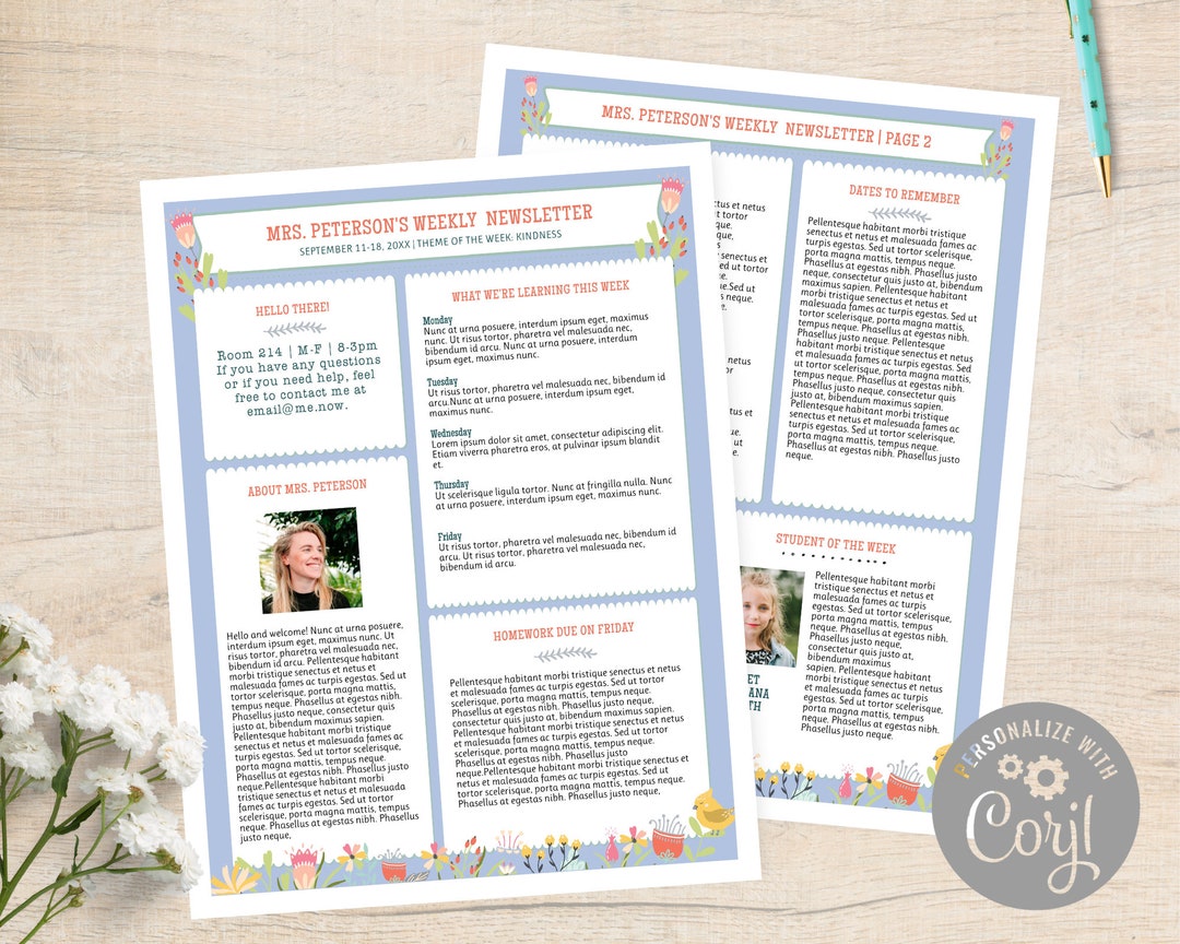 Cheerful Classroom Newsletter Template Two Pages / Editable Class ...