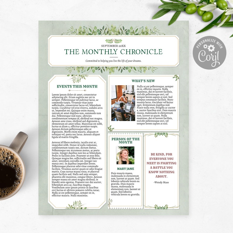 Editable Newsletter Template for the Office (CORJL, Watercolor ...