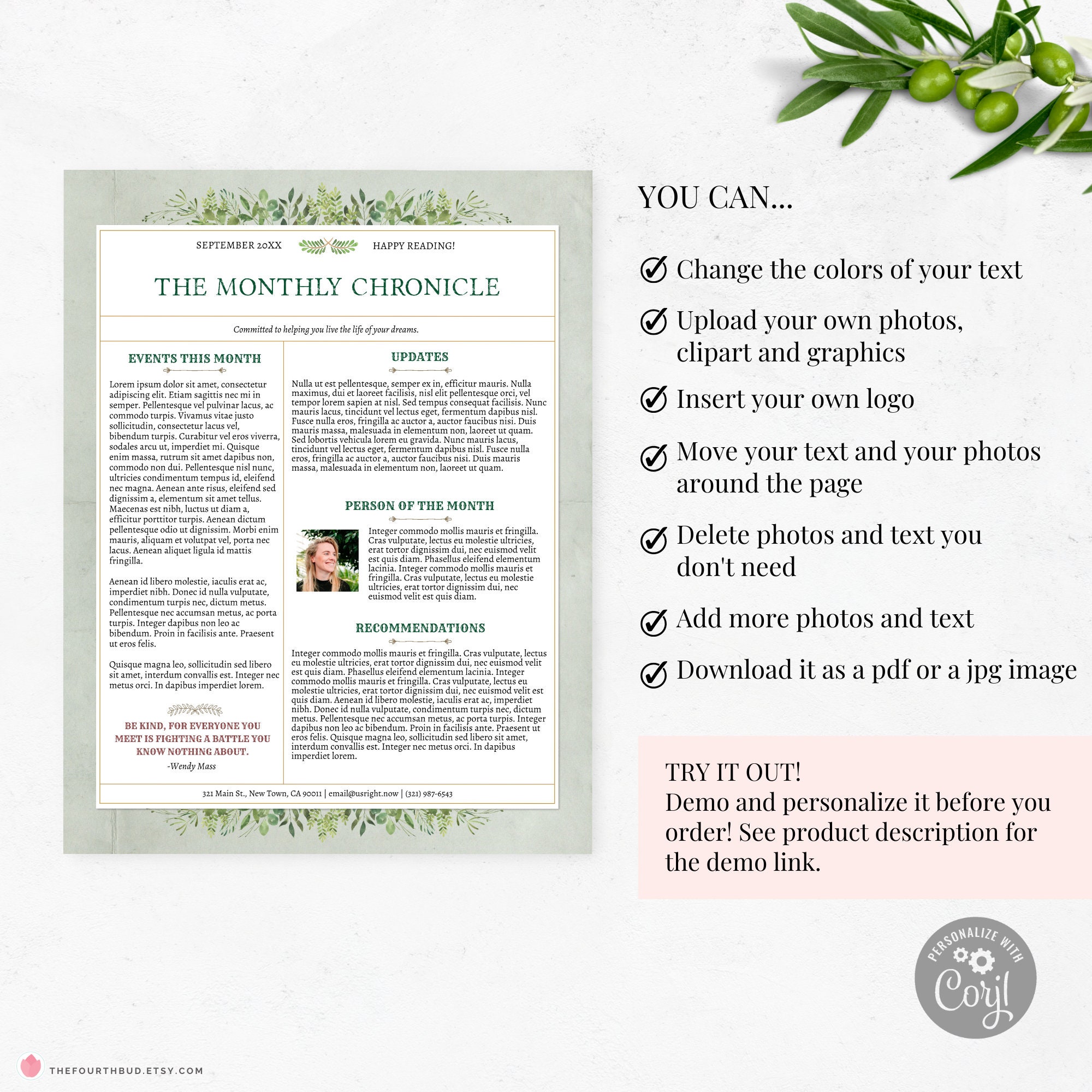 Beautiful Botanical Newsletter Template One Page / Editable Office ...