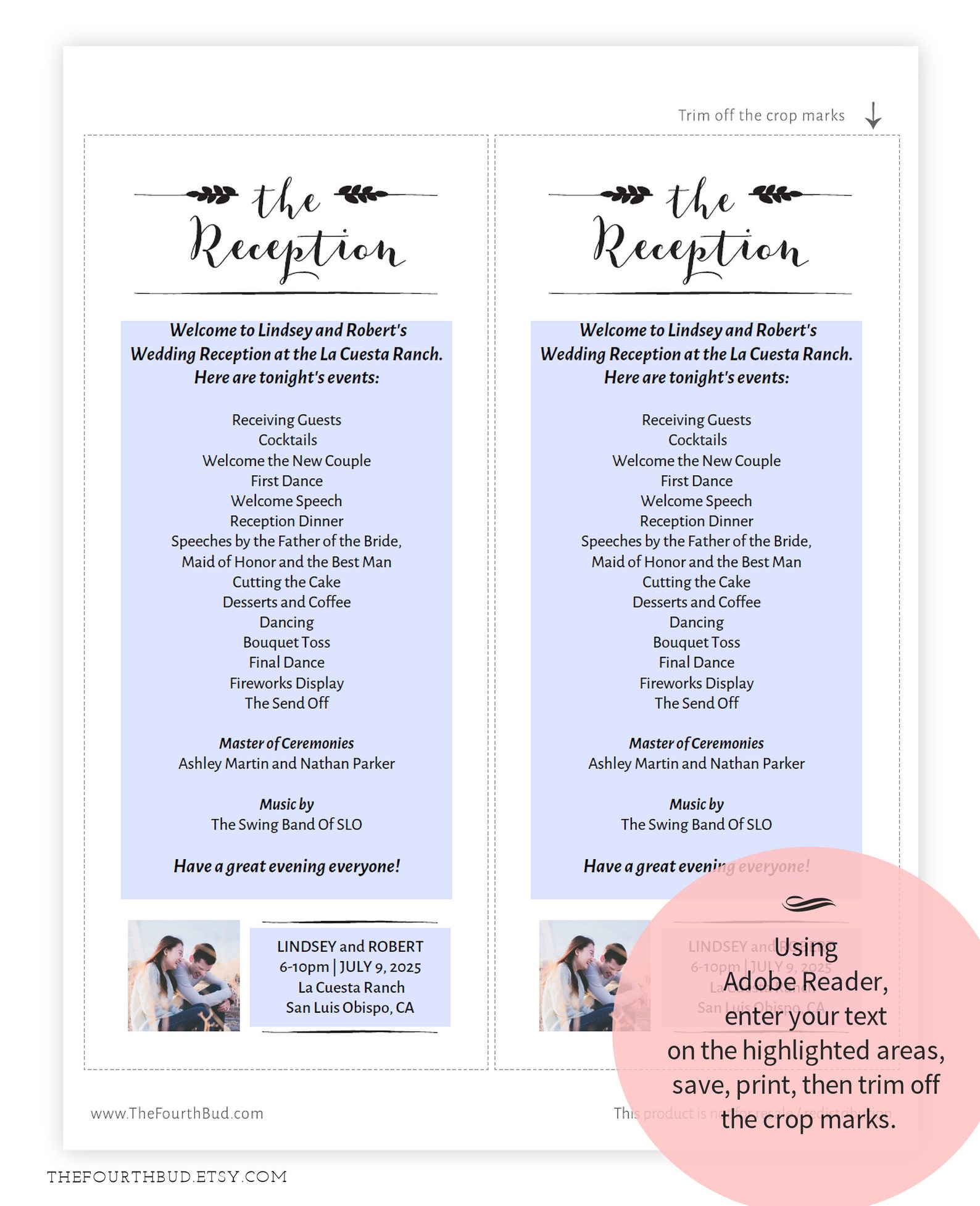 Wedding Reception Program Template in PDF / With 1 Photo / | Etsy