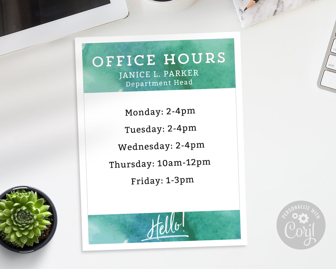 Office Hours Door Sign Printable Template - Editable Schedue or Hours ...