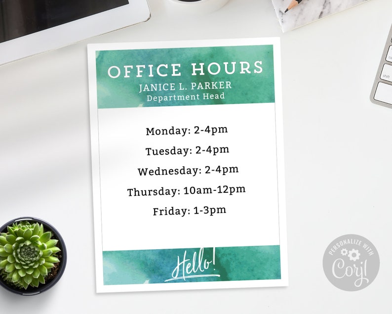 Office Hours Door Sign Printable Template / Editable Hours of Operation ...
