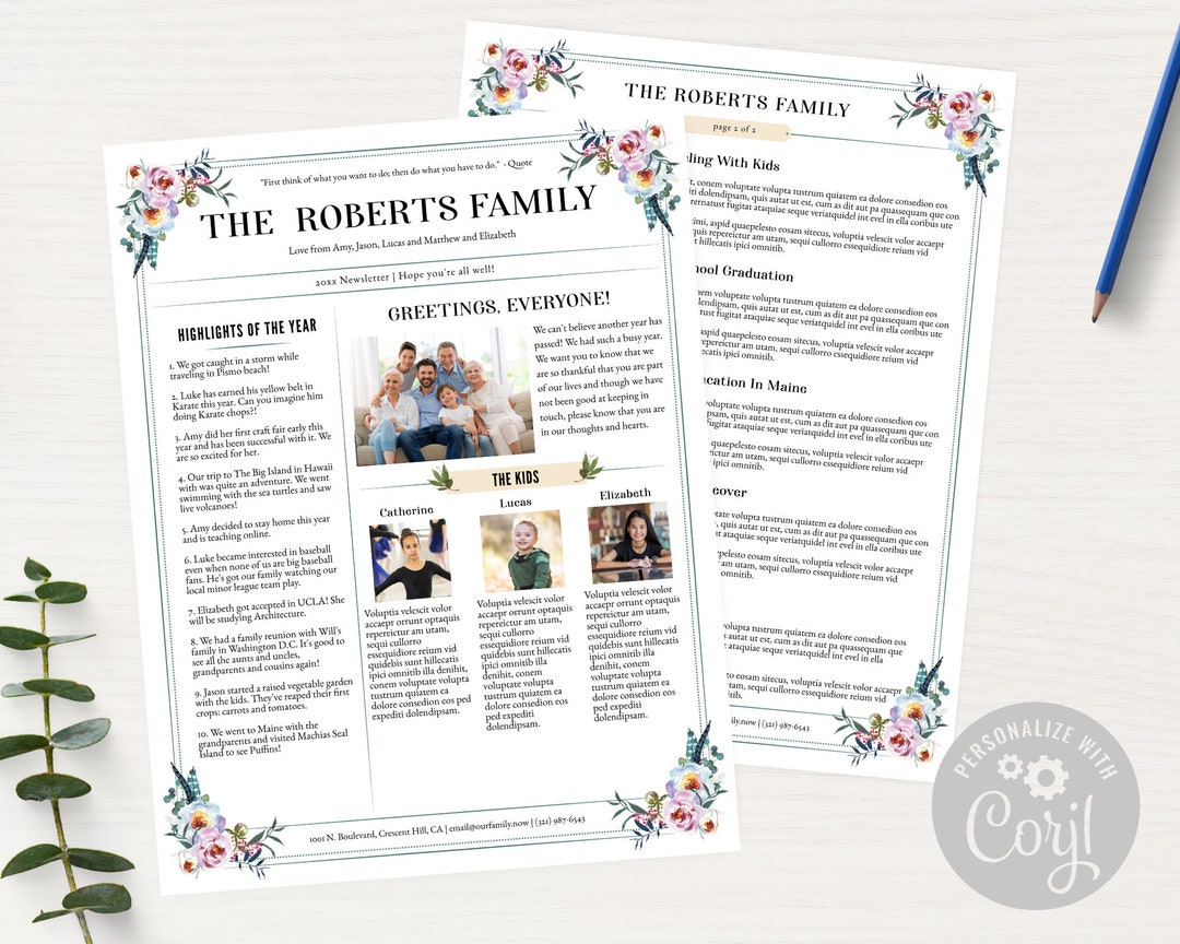 Family Newsletter Template Two Pages With Photos /floral Family Year in ...
