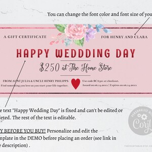Lovely Happy Wedding Gift Certificate Template / Editable Wedding Gift ...