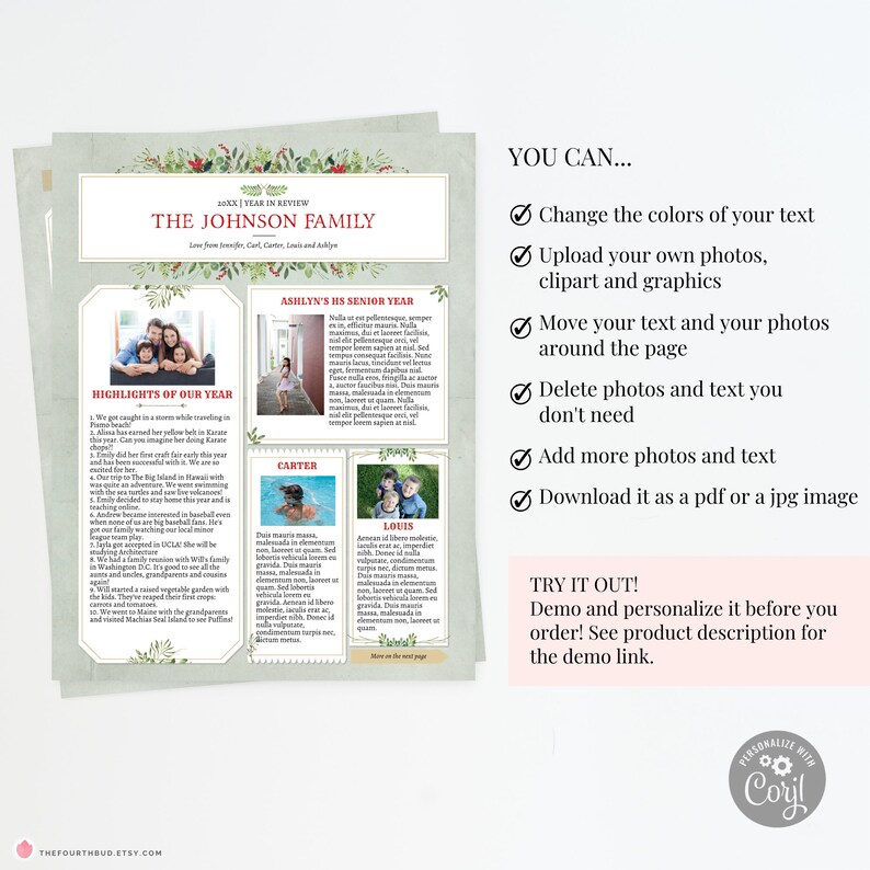 Elegant Christmas Newsletter Template Two Pages / Editable Family ...
