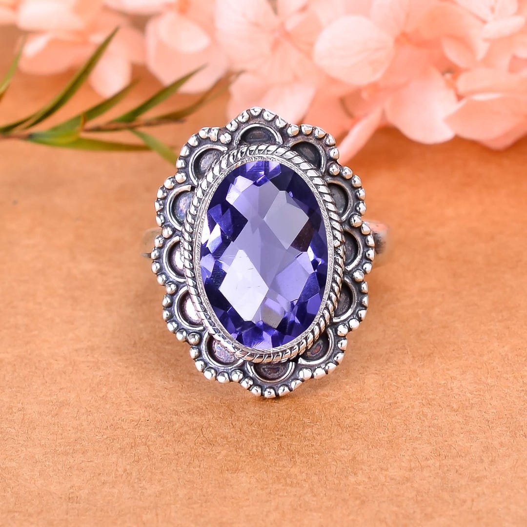 Lab Created Iolite Oval Statement Ring, 925 Sterling Silver Band - Etsy