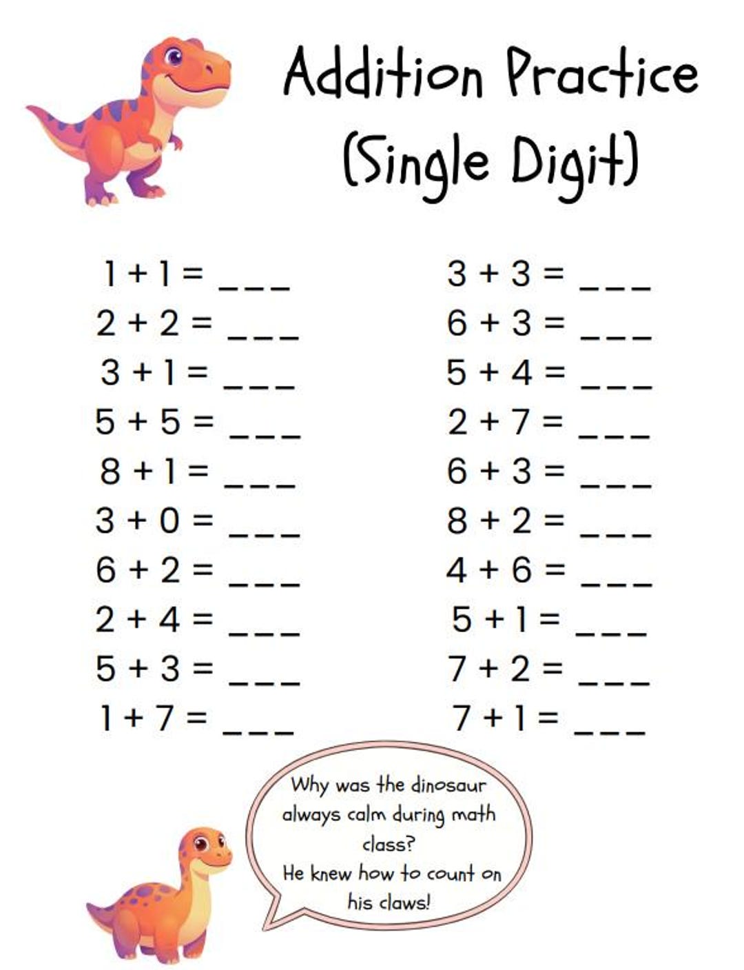 Dinosaur Addition Worksheets | Single Digit Math Printables for ...