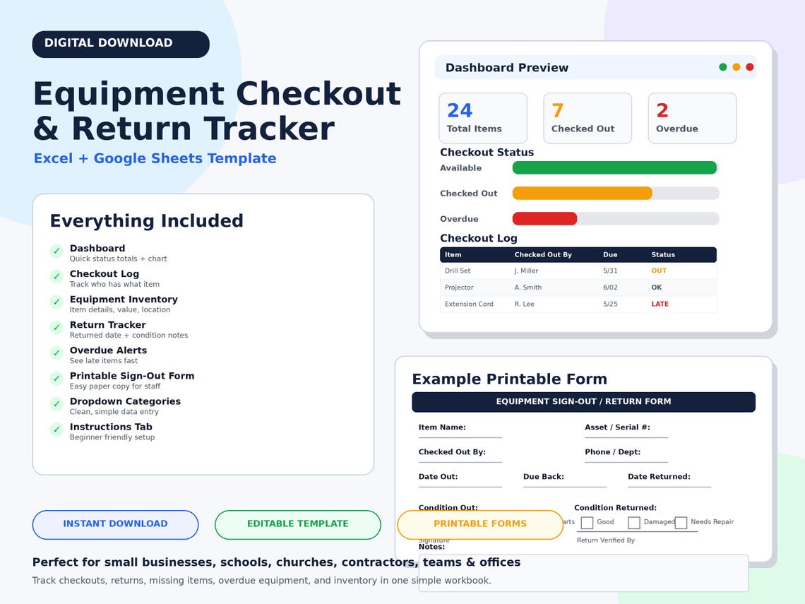 Rental Equipment Tracker Excel Template, Rental Inventory Log, Return ...