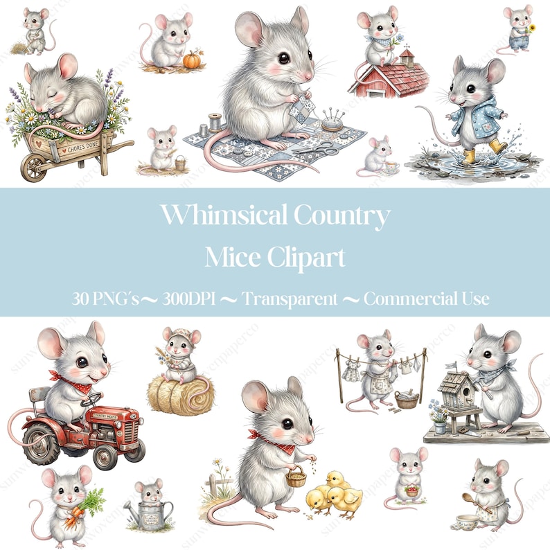 Country Mice Clipart Bundle, Farm Mouse Watercolor Clipart, Cute ...