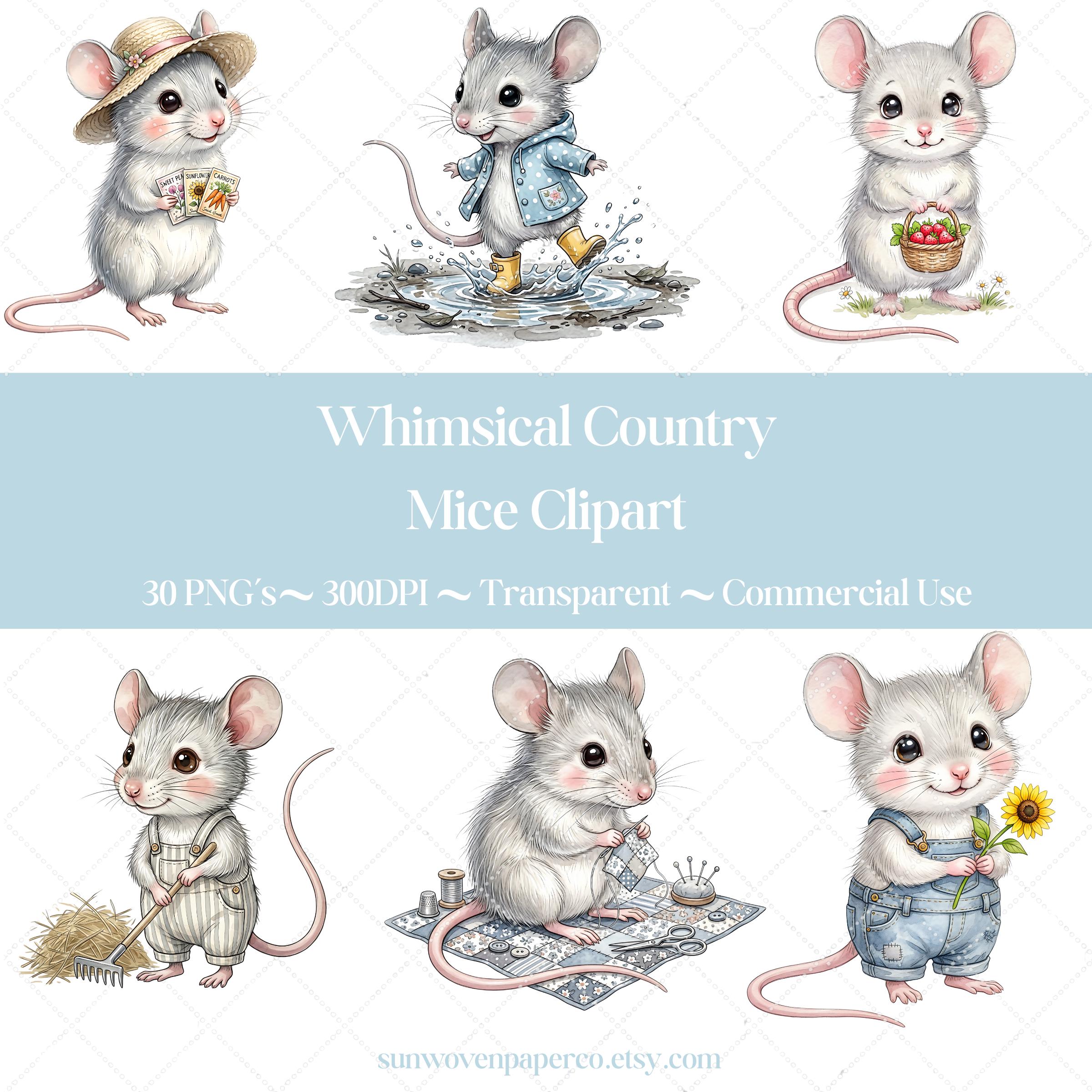 Country Mice Clipart Bundle, Farm Mouse Watercolor Clipart, Cute ...
