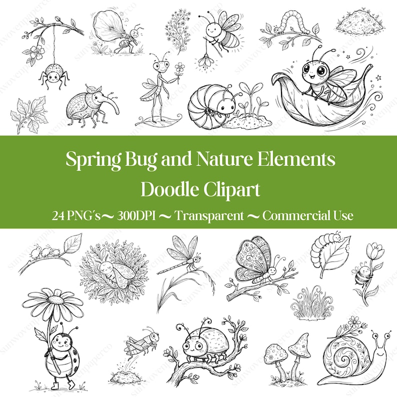 Spring Bugs Clipart Bundle, Black Line Bug Clipart, Whimsical Doodle ...