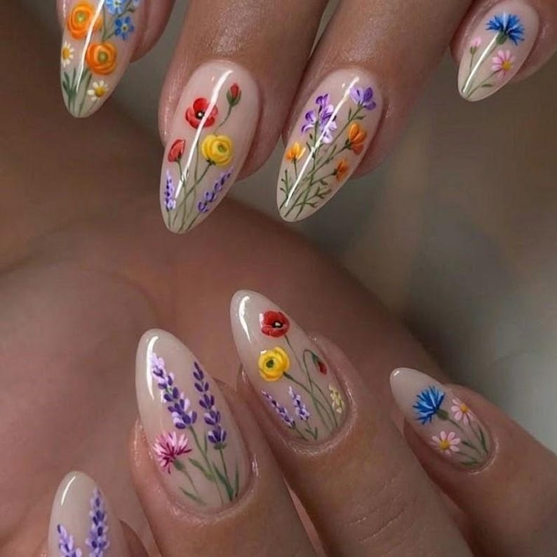 Hand Painted Wildflower Press on Nails, Colorful Floral Fake Nails - Etsy