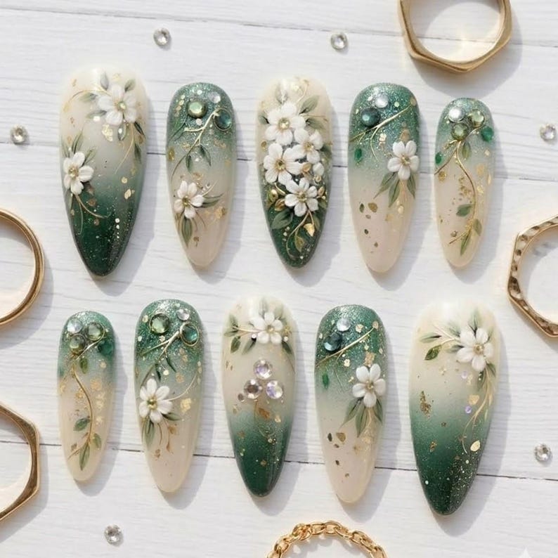 Emerald Floral Press on Nails, Green Ombre Almond Set, 3D Daisy Nail ...