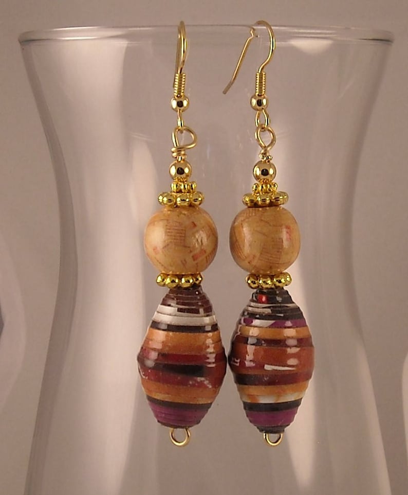 Earthy Dangle Earrings Multicolor Handmade Paper Bead Earrings Wood ...