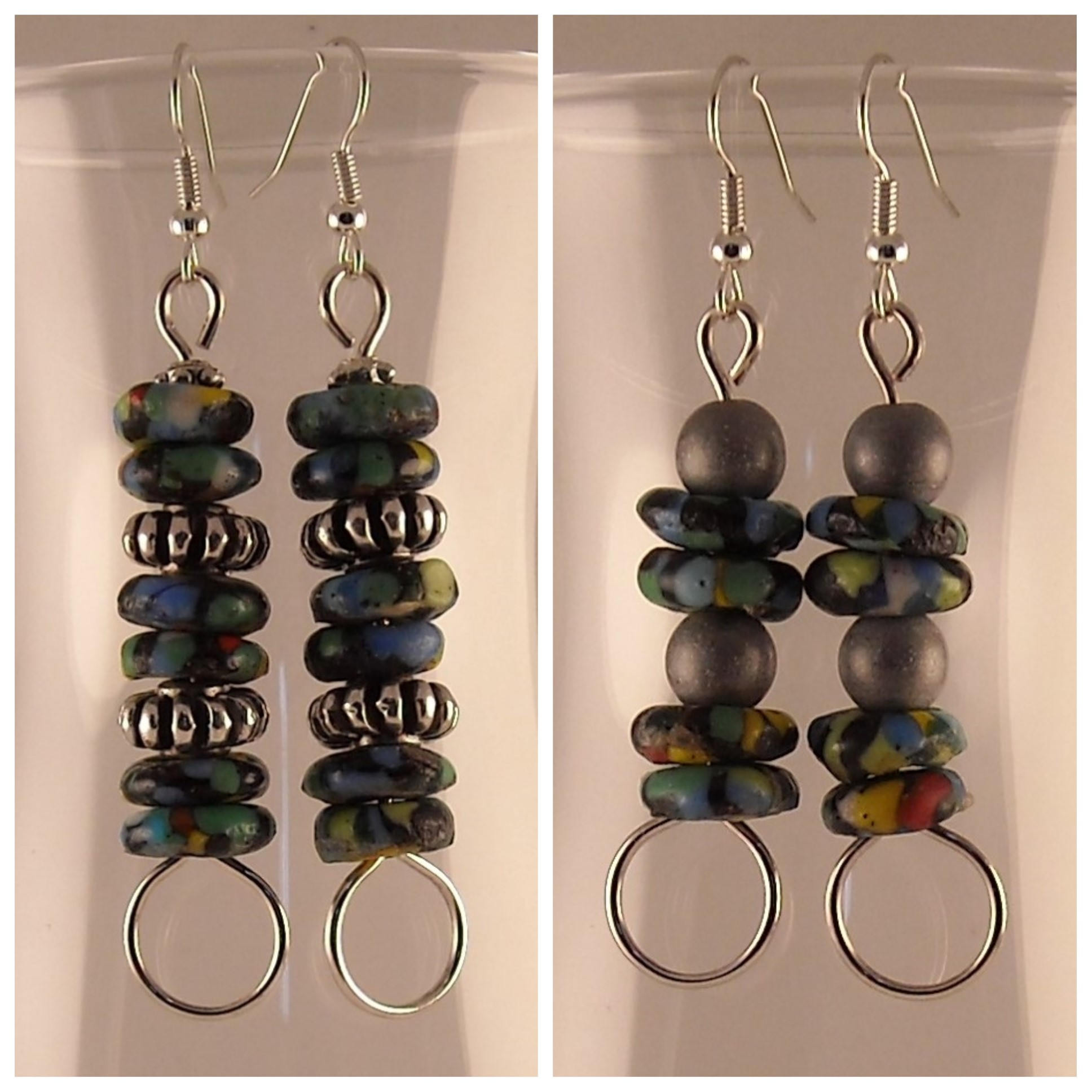 Afrocentric Beaded Earrings African Glass Krobo Disk Beads Pewter ...