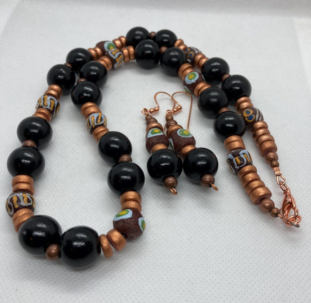 Afrocentric Beaded Set | African Glass Beads From Ghana | Metalic Copper Wood Spacers | Wood ...
