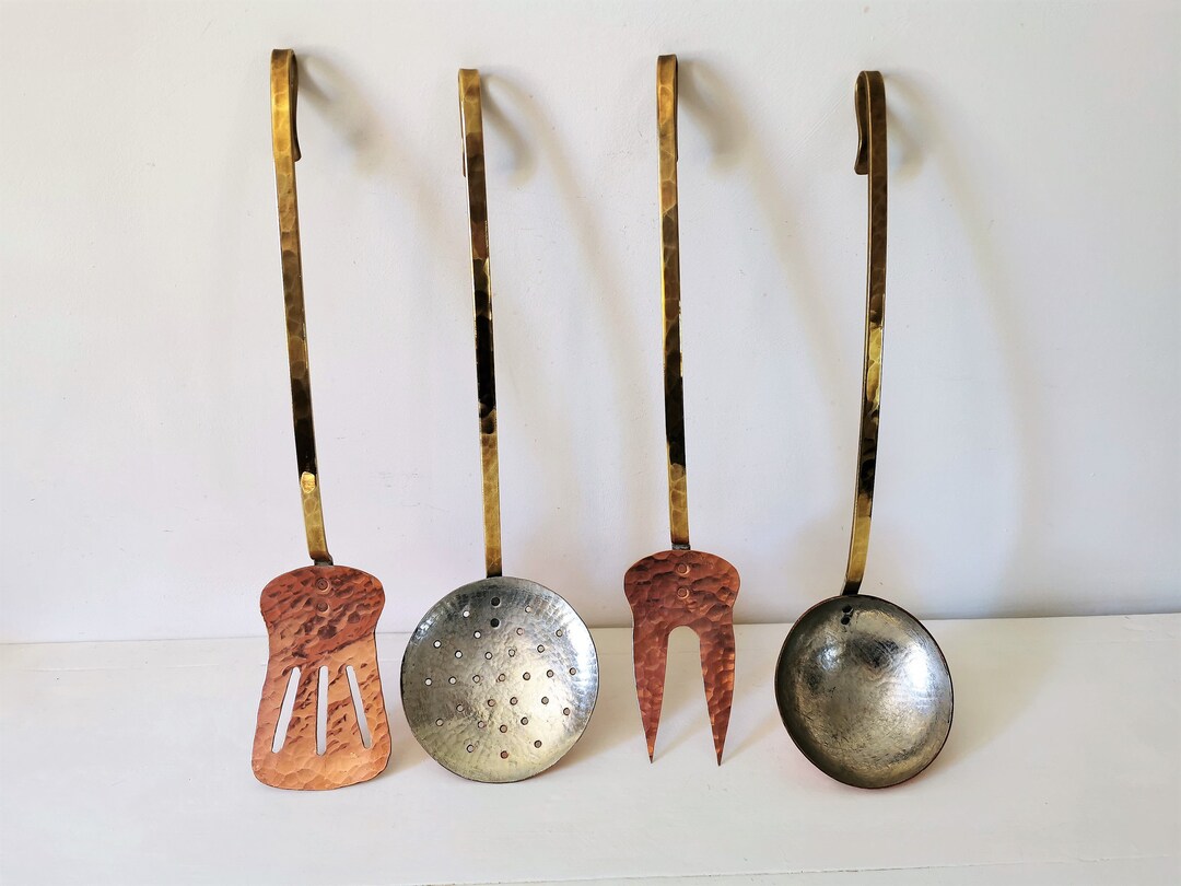 Vintage French Kitchen Utensils With Rack, Copper Kitchen Utensils ...